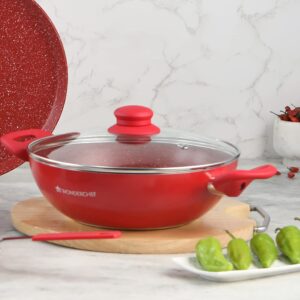 wonderchef royal velvet non-stick, pfoa-free and nickel-free aluminum indian chinese cuisine stir fry wok with lid; 24cm; red