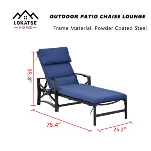 LOKATSE HOME Outdoor Adjustable Chaise Patio Steel Furniture Metal Lounge Chair with Cushion, Blue