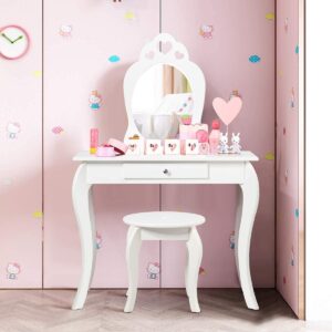 honey joy kids vanity set with mirror, toddler wooden vanity table with stool & drawer, removable top, princess pretend play beauty makeup dressing table playset for little girls(white)