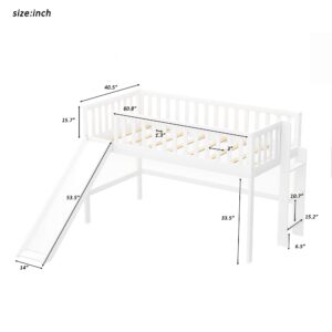 Harper & Bright Designs Twin Size Low Loft Bed with Slide, Wood Low Loft Bed for Kids, Girls, Boys (White)