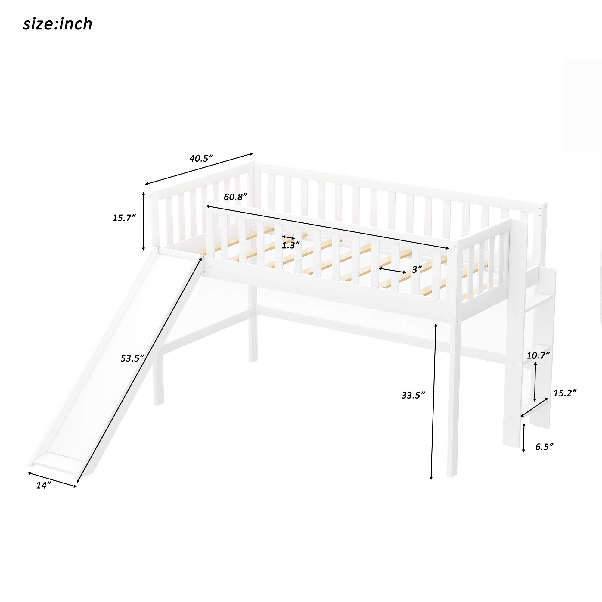 Harper & Bright Designs Twin Size Low Loft Bed with Slide, Wood Low Loft Bed for Kids, Girls, Boys (White)