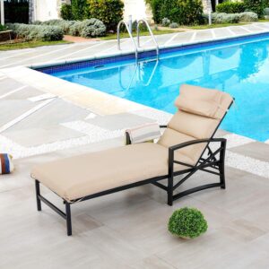 lokatse home outdoor adjustable chaise patio steel furniture metal lounge chair with cushion, khaki