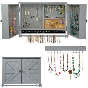 rustic wall mounted jewelry organizer with wooden barndoor decor. jewelry holder for necklaces, earrings, bracelets, ring holder, and accessories. includes hooks for hanging jewelry - solid gray