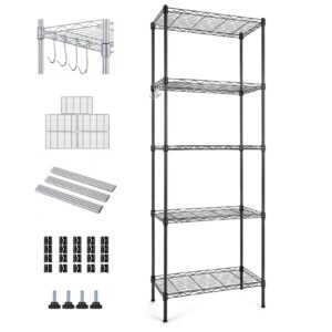 metal shelves for storage heavy duty, wire rack shelving units and storage, adjustable shelves with 4 hooks for laundry bathroom kitchen pantry closet, black