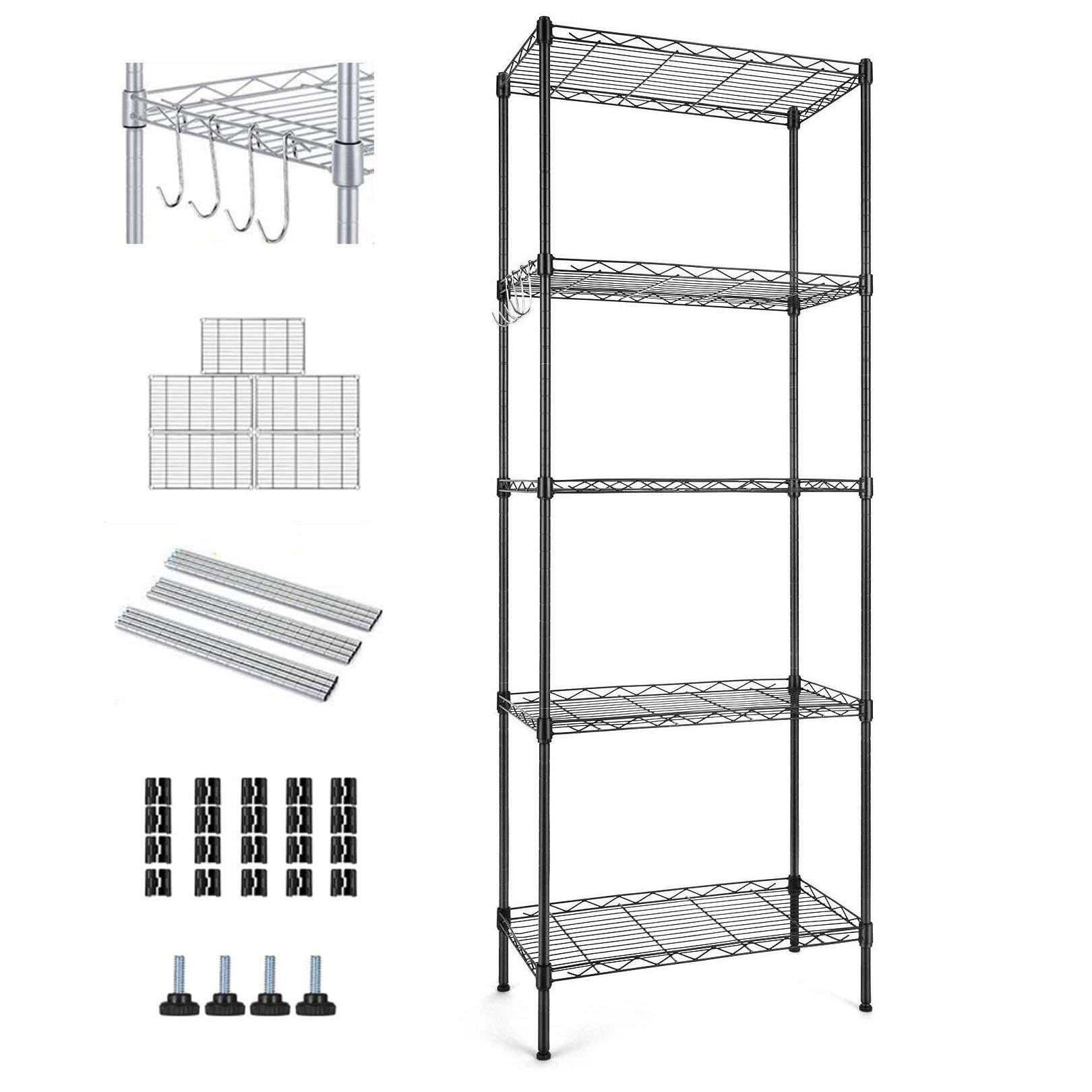 Metal Shelves for Storage Heavy Duty, Wire Rack Shelving Units and Storage, Adjustable Shelves with 4 Hooks for Laundry Bathroom Kitchen Pantry Closet, Black