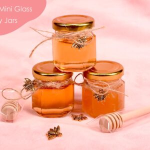 Adabocute 20 Pack Mini Honey Jars with Dipper - Mini Honey Jars for Baby Showers & Wedding Gifts - Gold Lids, Bee Pendants, Jutes and Gift Bags