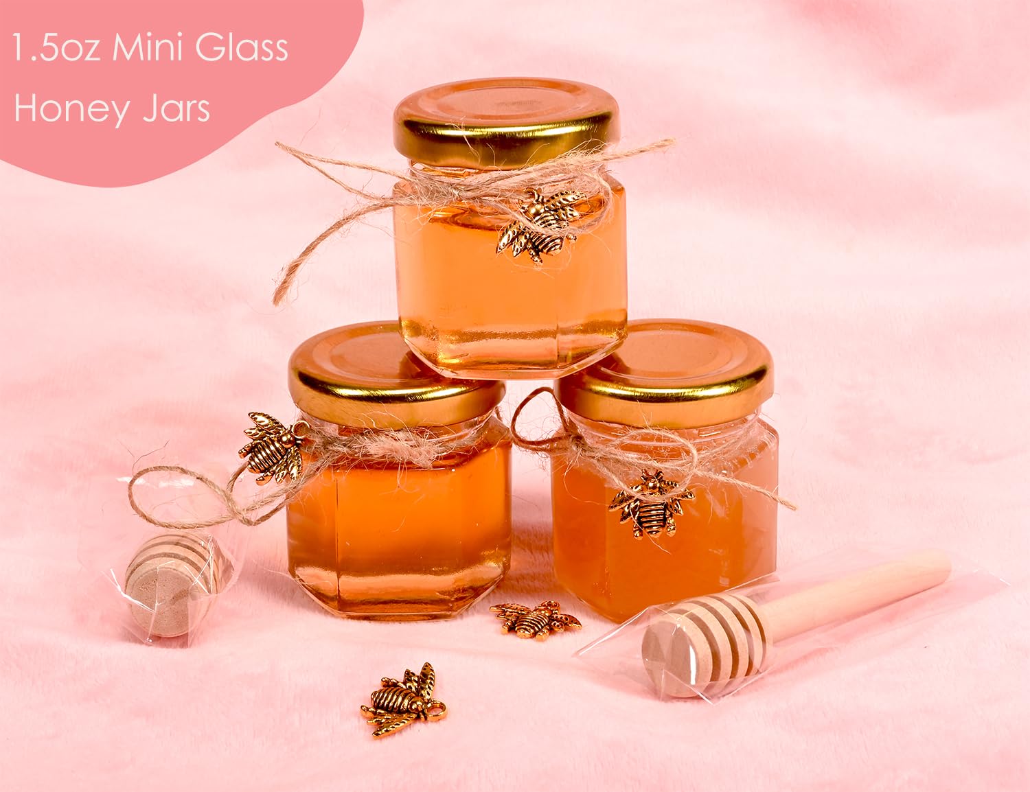 Adabocute 20 Pack Mini Honey Jars with Dipper - Mini Honey Jars for Baby Showers & Wedding Gifts - Gold Lids, Bee Pendants, Jutes and Gift Bags