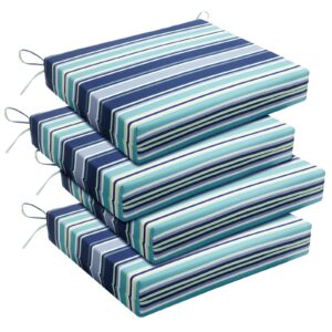 basic beyond outdoor chair cushions for patio furniture, waterproof outdoor cushions, square corner patio chair cushions set of 4 with ties, 18.5"x16"x3", pinstriped blue