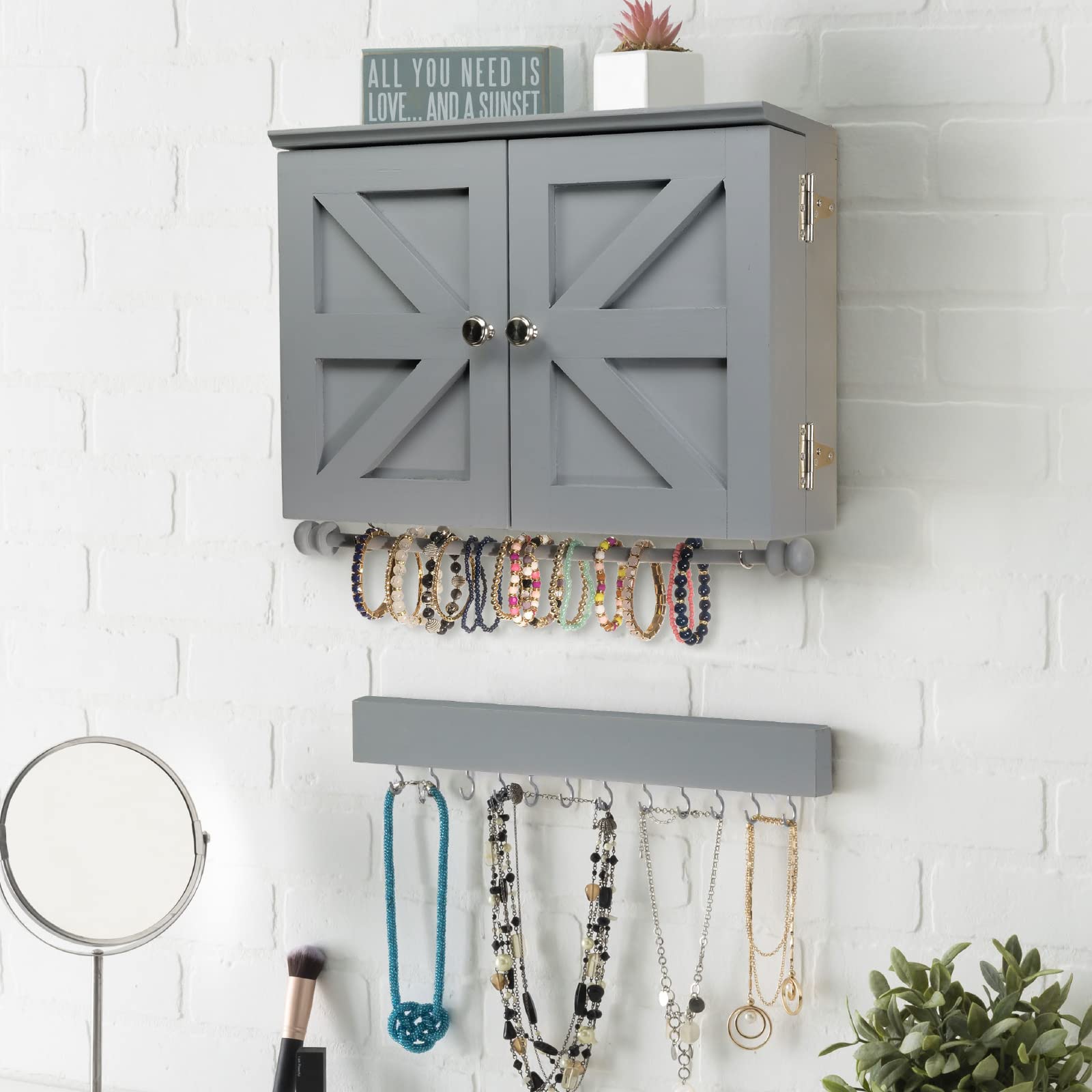 Rustic Wall Mounted Jewelry Organizer with Wooden Barndoor Decor. Jewelry holder for Necklaces, Earrings, Bracelets, Ring Holder, and Accessories. Includes hooks for hanging jewelry - Solid Gray