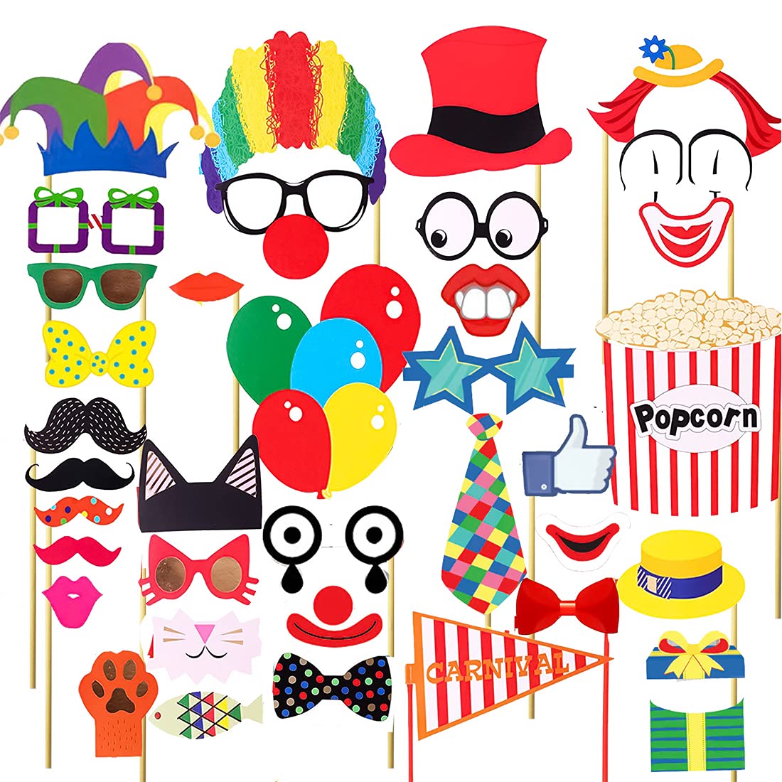 PIPI 36pcs Circus Photo Booth Props with Sticker Funny Carnival Theme Party Decorations for Birthday Party