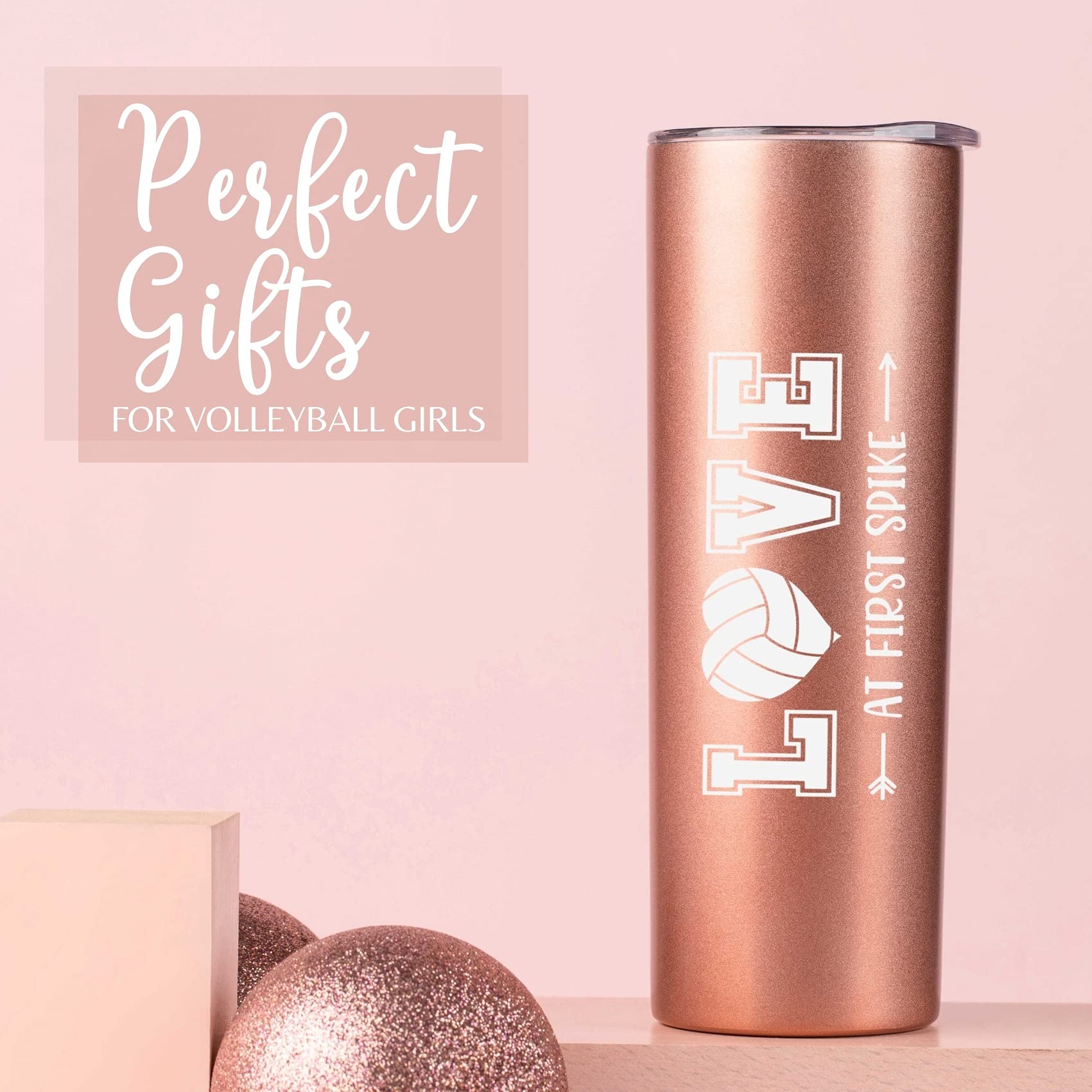 Onebttl Volleyball Gifts for Teen Girls & Team, Stainless Steel Kids Volleyball Tumbler, Double Wall Vacuum Insulated Bottle with Lid and Straw - RoseGold Love at first Spike