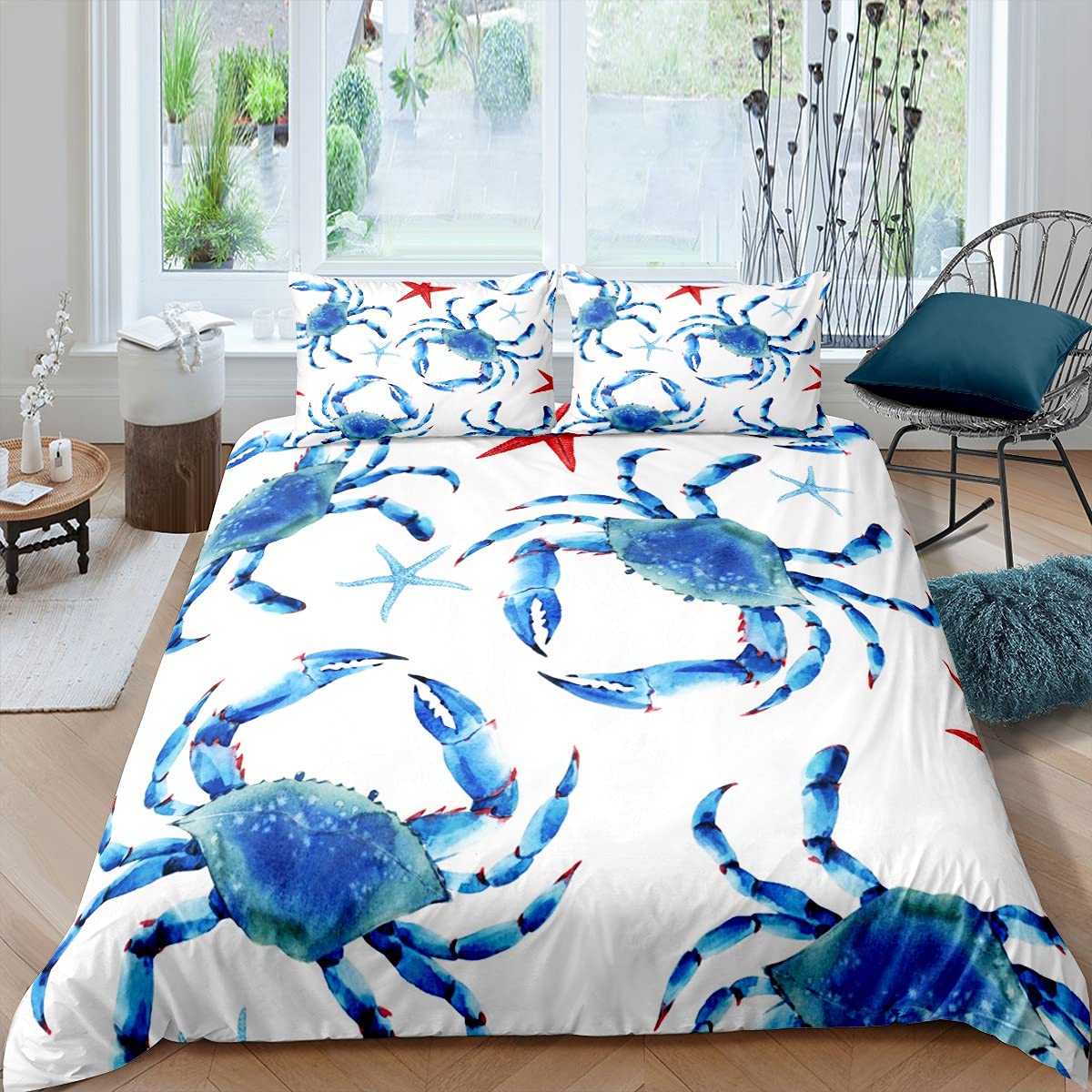 Feelyou Beach Crab Bedding Duvet Cover Set Boys Girls Starfish Bedding Set Kids Teens Ocean Marine Themed Comforter Cover Sea Creatures Bedspread Cover Room Decor Bedclothes Twin Size