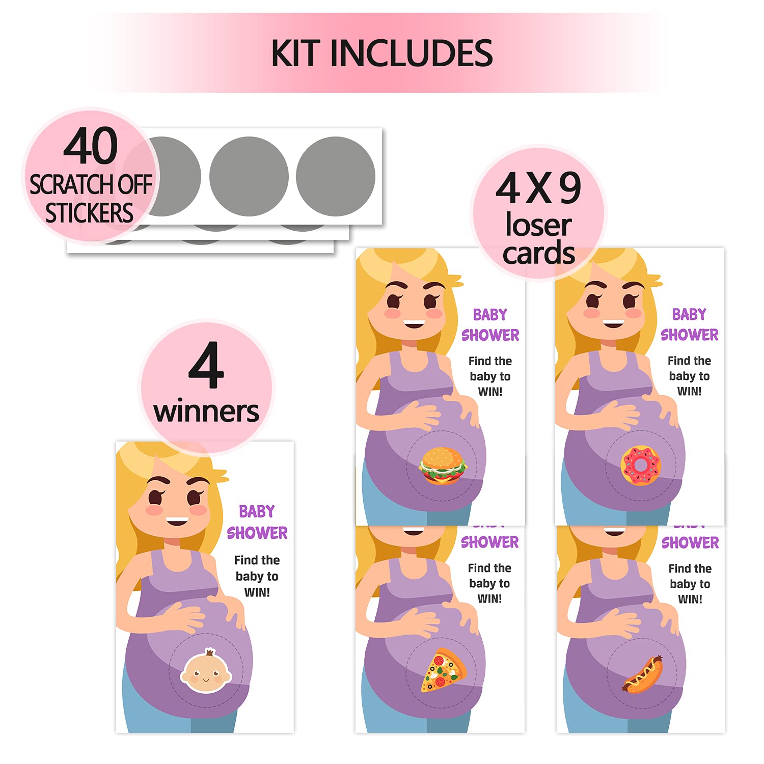 40 Cute Baby Shower Games - Scratch Off Lottery Ticket Raffle Cards Baby Shower Game - Raffle Tickets 4 Winners Cards and 4 Different Loser Cards Designs