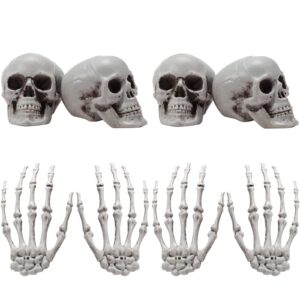 8 pieces halloween decoration set includes 4 halloween mini skulls realistic looking skulls and 4 skeleton hands plastic fake human hands for halloween party decoration