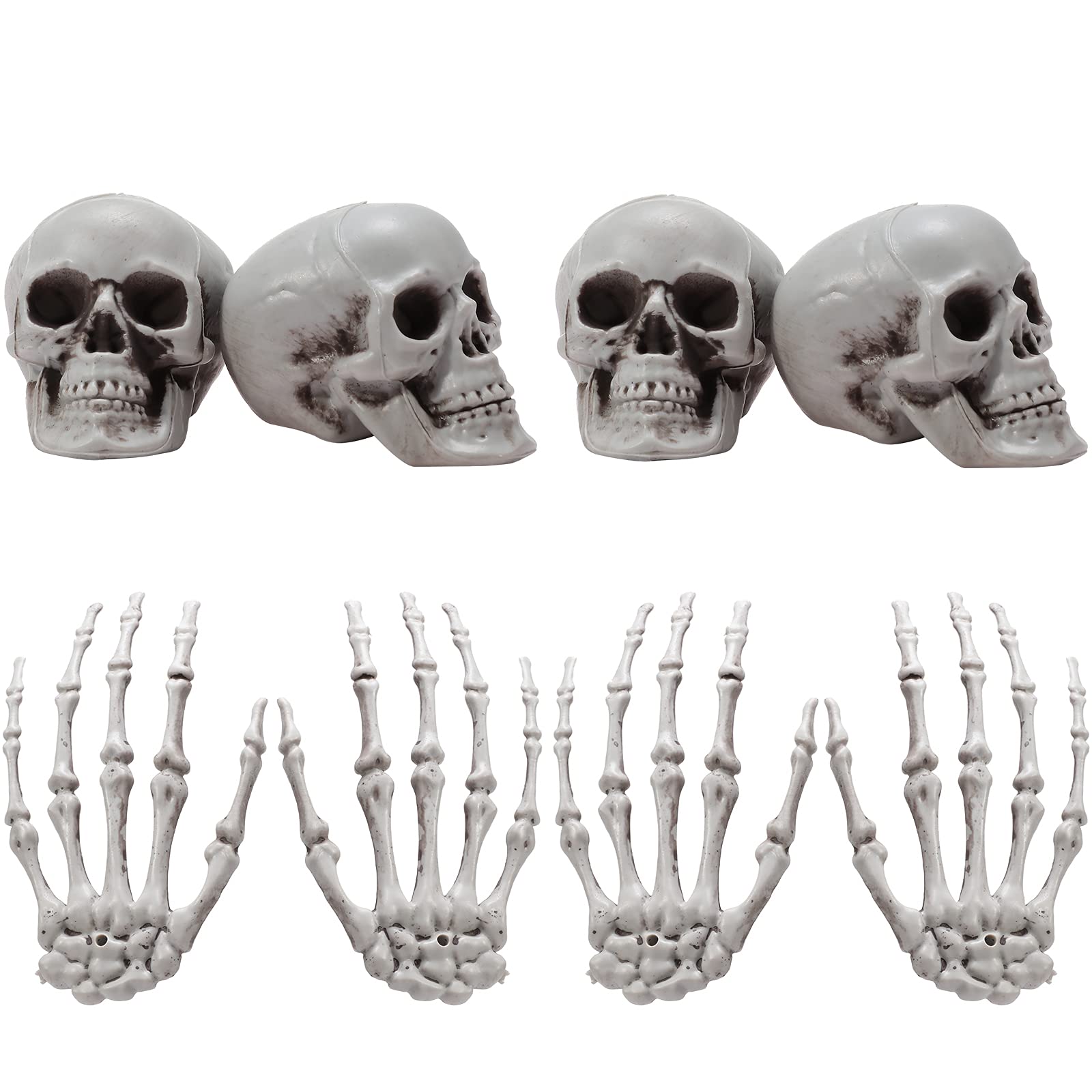 8 Pieces Halloween Decoration Set Includes 4 Halloween Mini Skulls Realistic Looking Skulls and 4 Skeleton Hands Plastic Fake Human Hands for Halloween Party Decoration