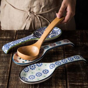 Sizikato Set of 2 Ceramic Spoon Rests, Utensil Ladle Rest for Kitchen, Blue Flower Pattern