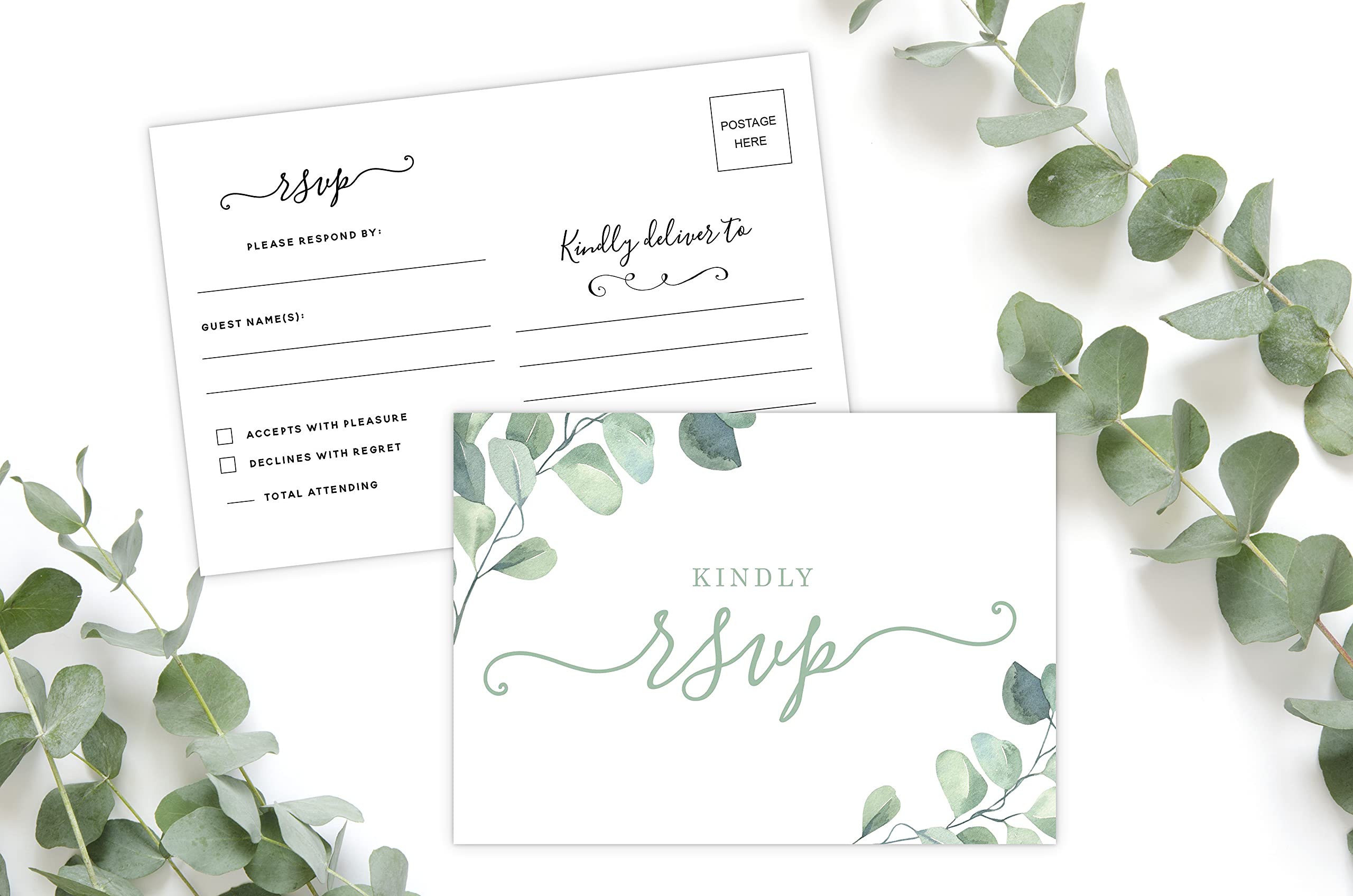 Your Main Event Prints 50 Eucalyptus RSVP Postcards for Wedding - Greenery Response Cards - Perfect for Bridal Shower, Rehearsal Dinner, Engagement Party, Baby Shower