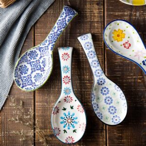 Sizikato Set of 2 Ceramic Spoon Rests, Utensil Ladle Rest for Kitchen, Blue Flower Pattern