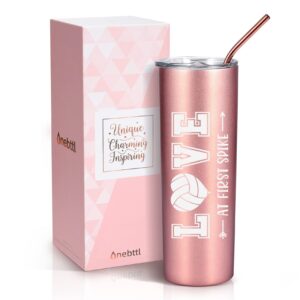 onebttl volleyball gifts for teen girls & team, stainless steel kids volleyball tumbler, double wall vacuum insulated bottle with lid and straw - rosegold love at first spike