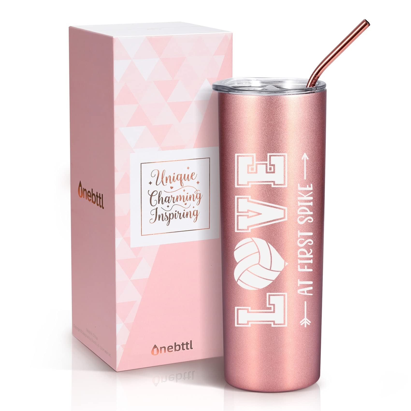 Onebttl Volleyball Gifts for Teen Girls & Team, Stainless Steel Kids Volleyball Tumbler, Double Wall Vacuum Insulated Bottle with Lid and Straw - RoseGold Love at first Spike