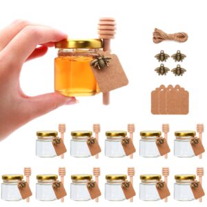 woaiwo-q hexagon mini glass honey jars, 1.5 oz 30 pack hexagon glass jars with lids(golden),wooden honey sticks,bronze bee pendants,small tags, jute twine for honey, wedding favors,jams……