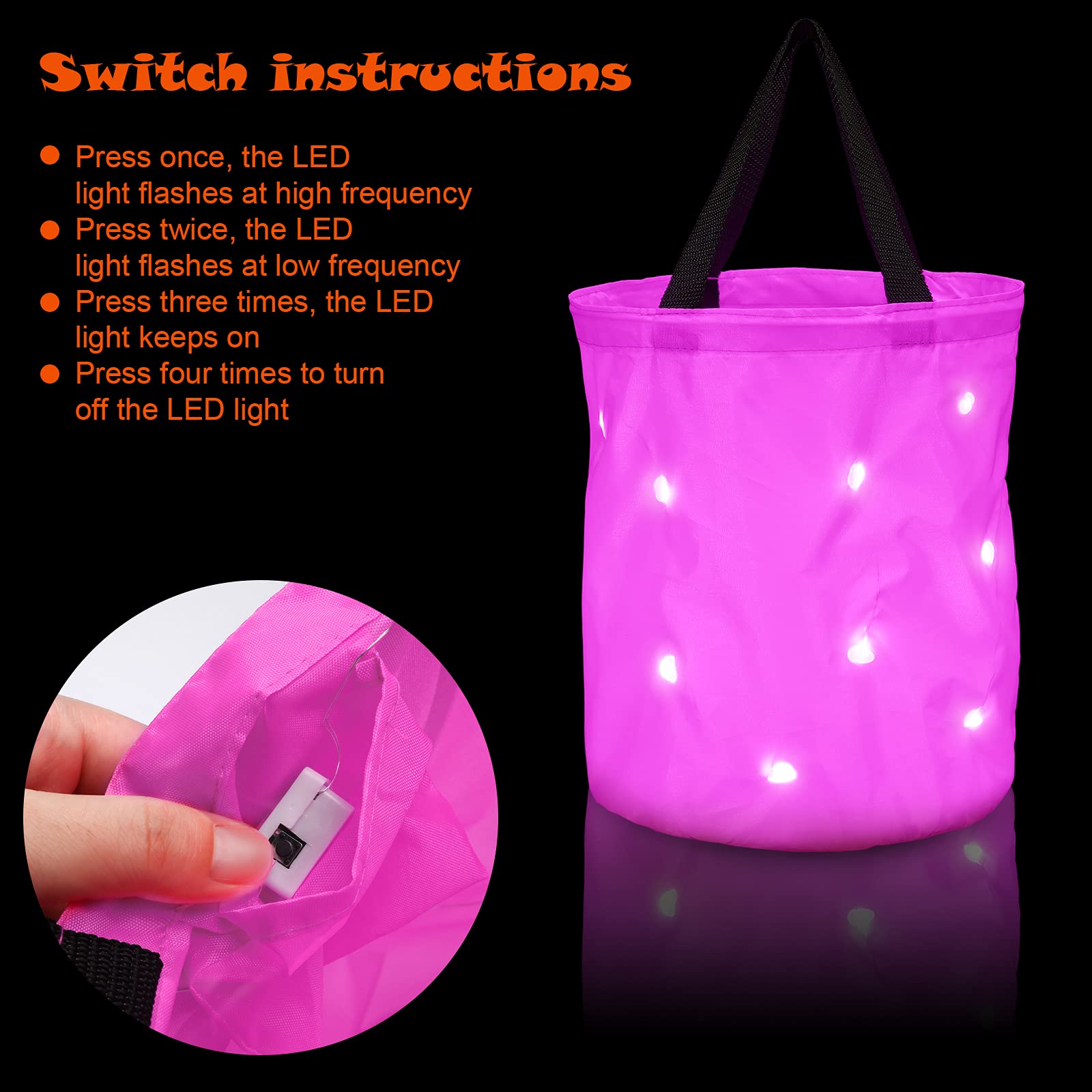 2 Pieces LED Light Halloween Candy Bags Light Up Halloween Bucket Trick or Treat Bags Light Up Candy Bags Multipurpose Reusable Goody Bucket for Halloween Supplies Favors(Pink)