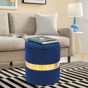 Joveco Round Velvet Storage Ottoman Set of 2 - Footrest Upholstered Footstool Side Table Seat Make Up Stool with Metal Band (Blue)