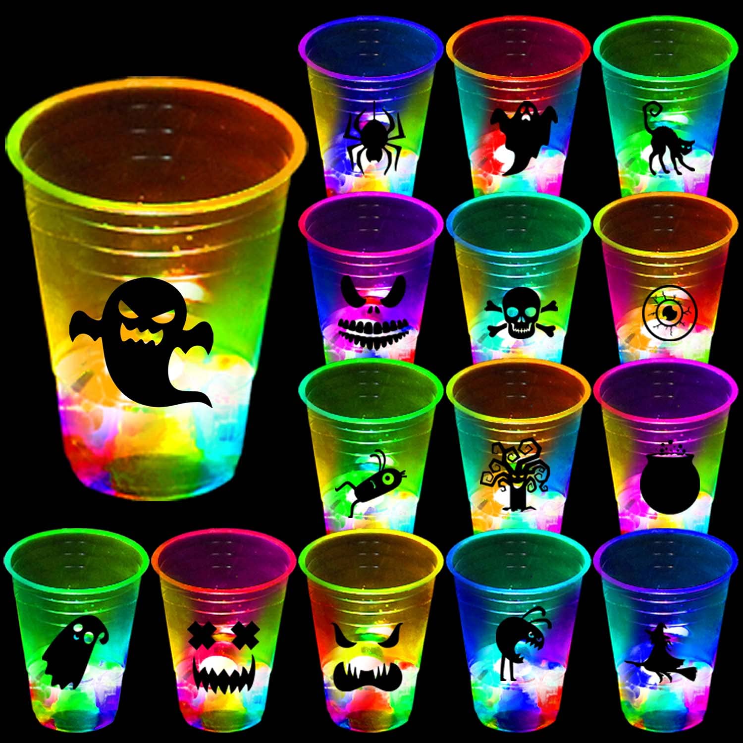 Ahuimeius 24 Pack Halloween Glow-in-The-Dark Cup Set with Horror Stickers for Party Decorations Event Fun, Glow Halloween Party Cups, House Parties Birthdays Concerts BBQ Beach Holidays