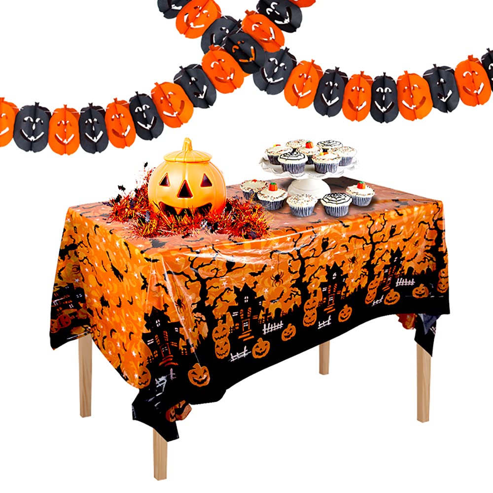 IAXSEE 3 Packs Waterproof Halloween Tablecloth, 54 x 91 inches Rectangle Disposable Table Cover, Plastic Table Cloths for Halloween Party Decoration Supplies