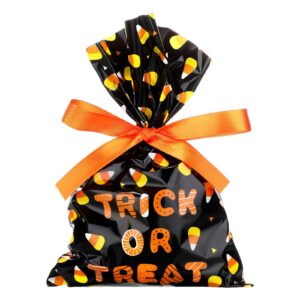 Tenare 100 Pcs Halloween Cellophane Treat Bags Plastic Goodie Candy Bags Corn Wrapped Gift Loot Bags with 22 Yards Ribbon for Trick Treating Class Parties Favor Crafts, 6 x 9 Inch