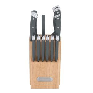 farberware triple riveted knife set high-carbon stainless steel blades, ergonomic handles with silver accents, includes rubber wood storage block, 15 piece, gray