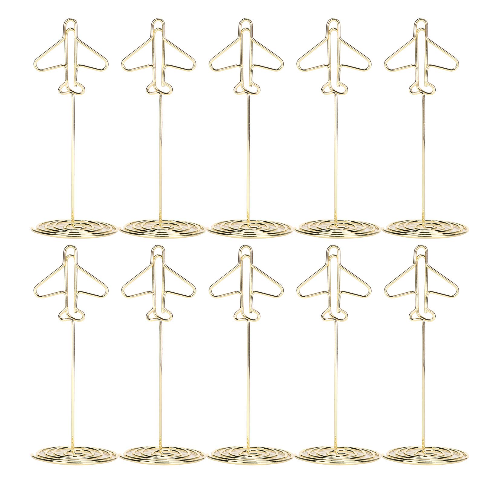 Cyrank 10pcs Table Number Holders, 3.9in Gold Place Card Holders Centerpieces Photo Holder Clips Wire Picture Clips Airplane Design Memo Note Photo Stand