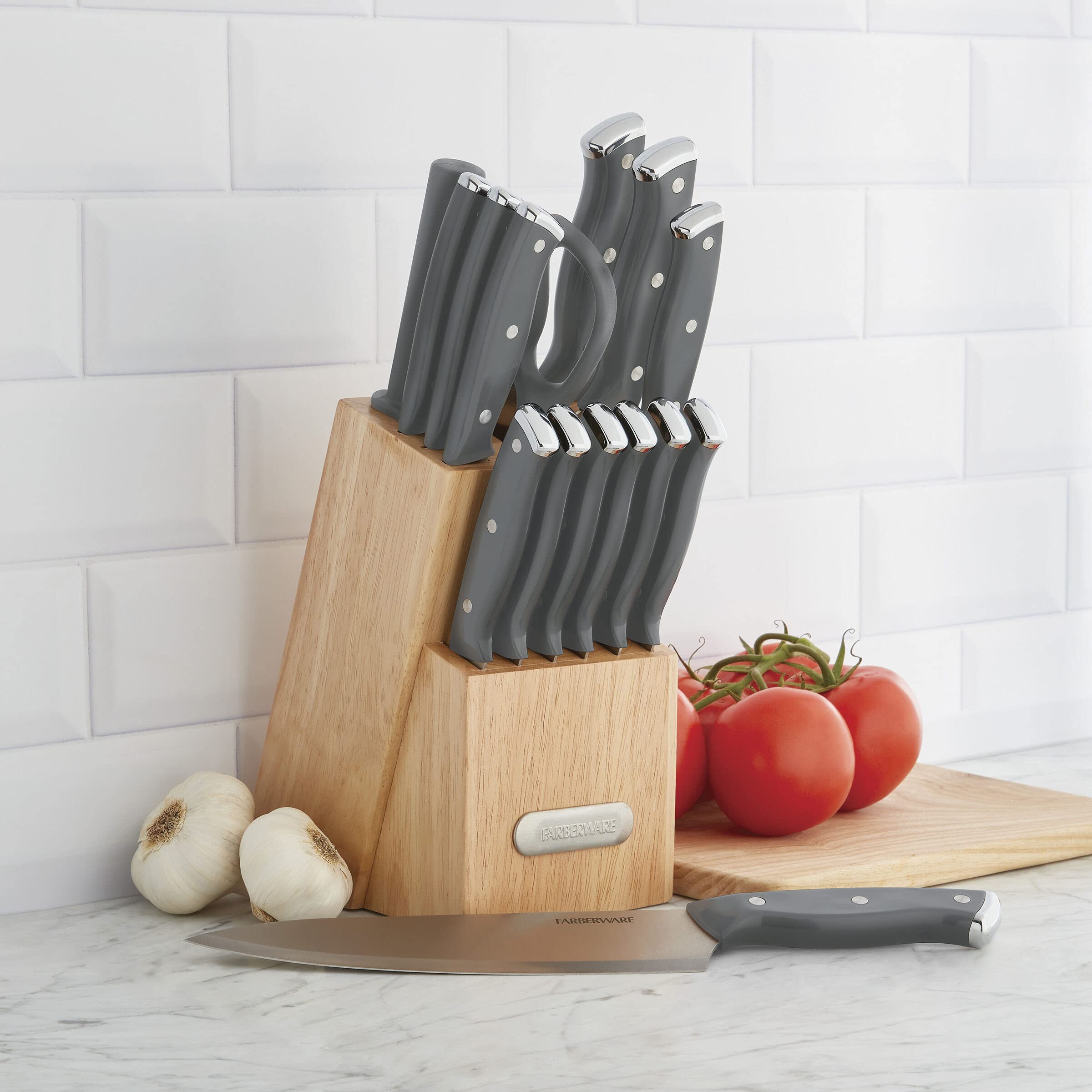 Farberware Triple Riveted Knife Set High-Carbon Stainless Steel Blades, Ergonomic Handles with Silver Accents, Includes Rubber Wood Storage Block, 15 piece, Gray