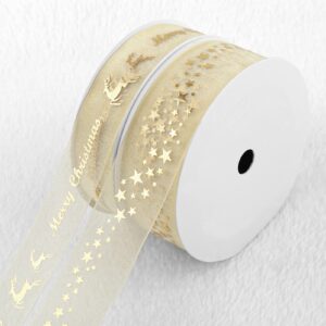 kesote christmas sheer ribbons gold organza chiffon ribbon with foil print for crafts gift wrapping hair bows christmas tree