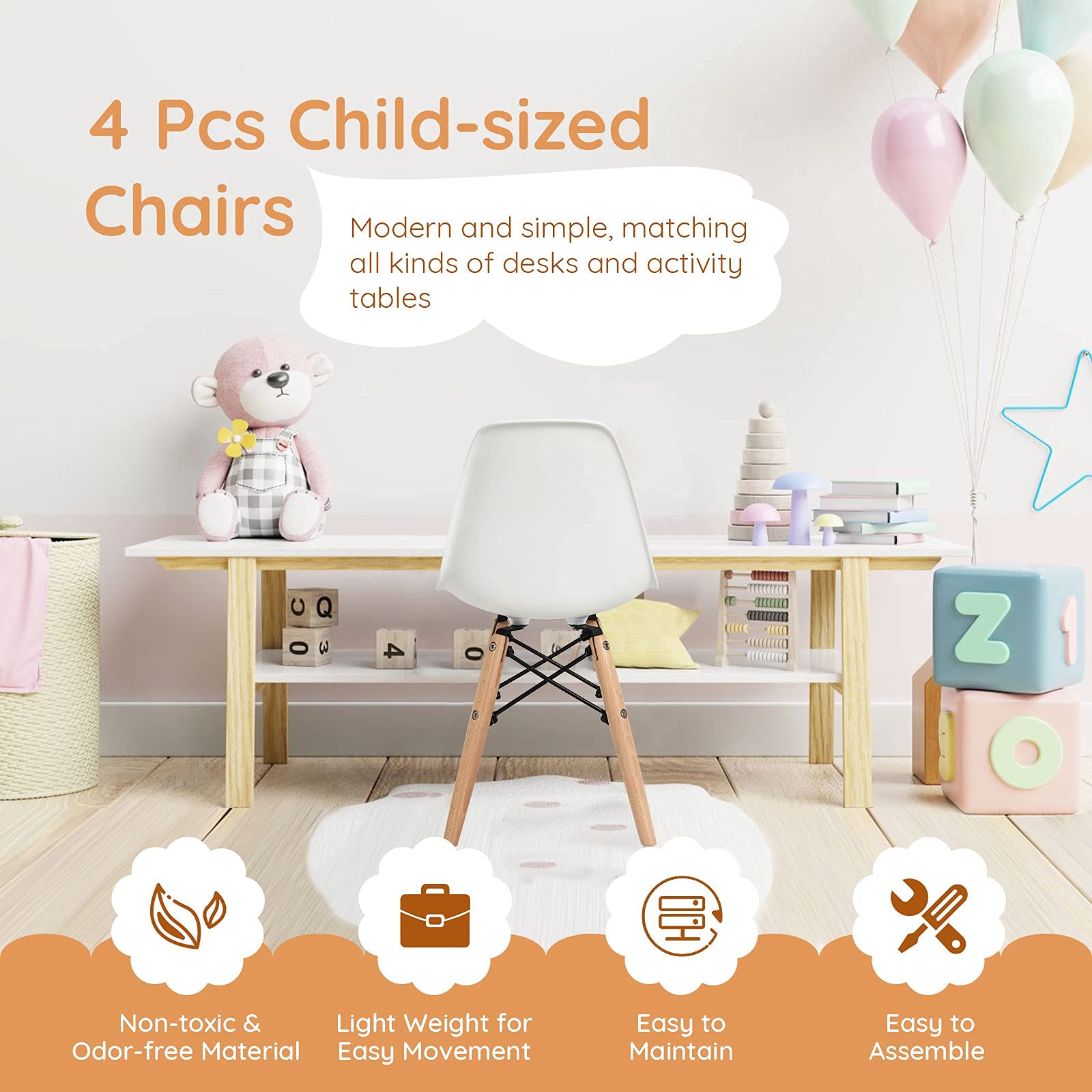 Costzon Kids Chair 4 Pcs, Toddler Chair in Mini DSW Size w/Solid Wood Legs, Wire Steel Base, Curved Backrest, Mid-Century Plastic Study Chair for Children of 3+, Ideal for Nursery, School & Home Use