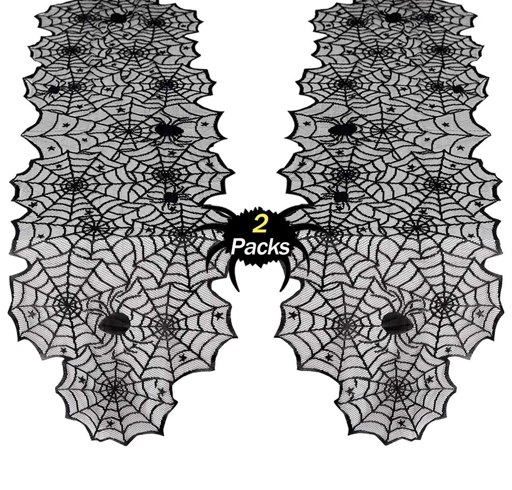 B-COOL Halloween Table Runners Lace 2 Packs Black Spider Web Linens Polyester Gathering Gothic Festival Fabric Decoration 18x72inch