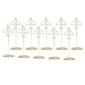 Cyrank 10pcs Table Number Holders, 3.9in Gold Place Card Holders Centerpieces Photo Holder Clips Wire Picture Clips Airplane Design Memo Note Photo Stand