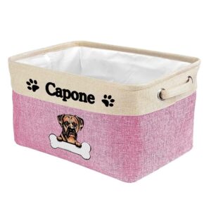 malihong personalized foldable storage basket with cute dog boxer collapsible sturdy fabric bone pet toys storage bin cube with handles for organizing shelf home closet, pink and white