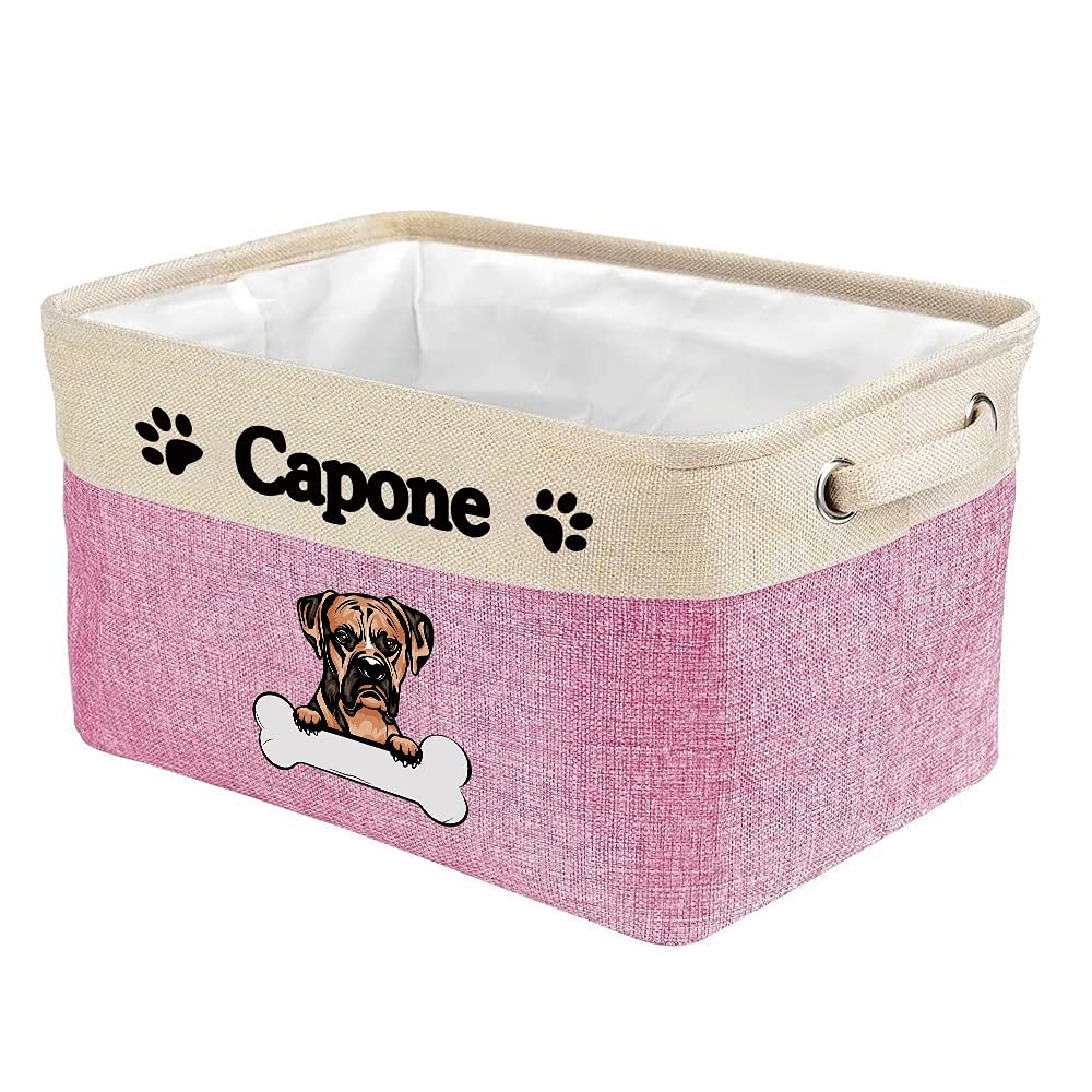 MALIHONG Personalized Foldable Storage Basket with Cute Dog Boxer Collapsible Sturdy Fabric Bone Pet Toys Storage Bin Cube with Handles for Organizing Shelf Home Closet, Pink and White