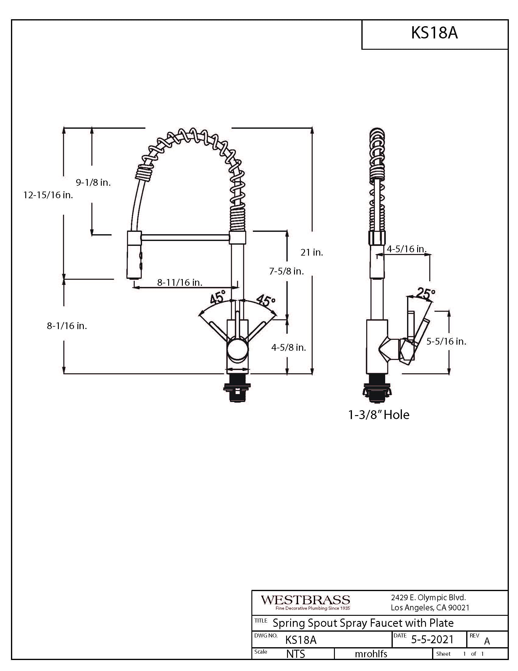 Westbrass KS18A-26 21" Commercial Kitchen Faucet with Dual Function Open Coil Pull Down Sprayer and 1-Lever Handle, Polished Chrome