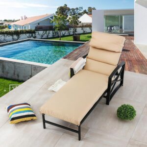 LOKATSE HOME Outdoor Adjustable Chaise Patio Steel Furniture Metal Lounge Chair with Cushion, Khaki