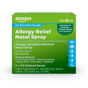 amazon basic care 24-hour allergy relief nasal spray, fluticasone propionate (glucocorticoid) 50 mcg, full prescription strength, non-drowsy, 0.62 fl oz (pack of 3)