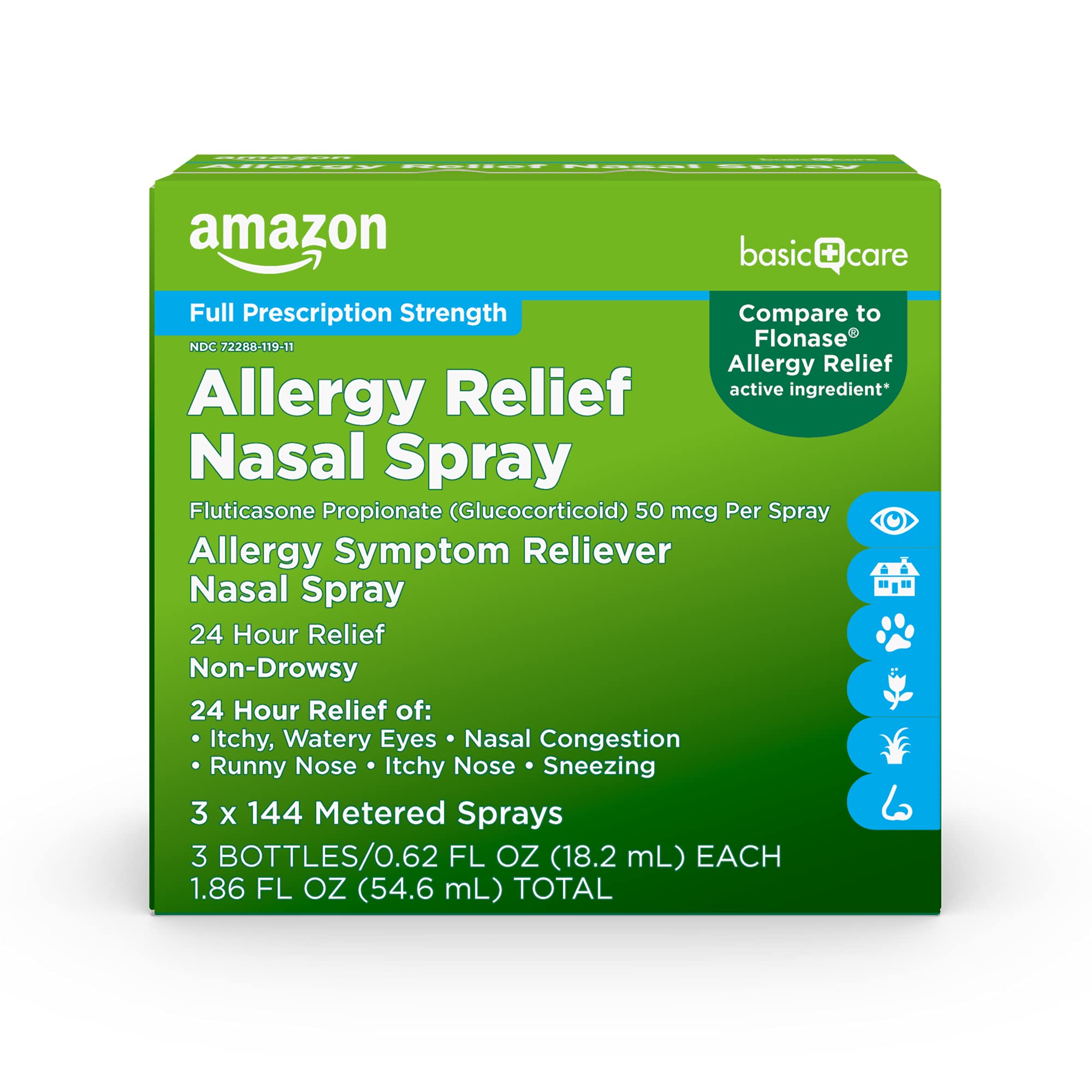 Amazon Basic Care 24-Hour Allergy Relief Nasal Spray, Fluticasone Propionate (Glucocorticoid) 50 mcg, Full Prescription Strength, Non-Drowsy, 0.62 fl oz (Pack of 3)