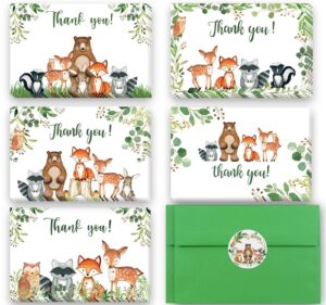 50 woodland thank you cards, 4x6" forest animals greenery thank you notes with matching green envelopes & stickers, woodland creatures notecards perfect for woodland baby shower and birthday party