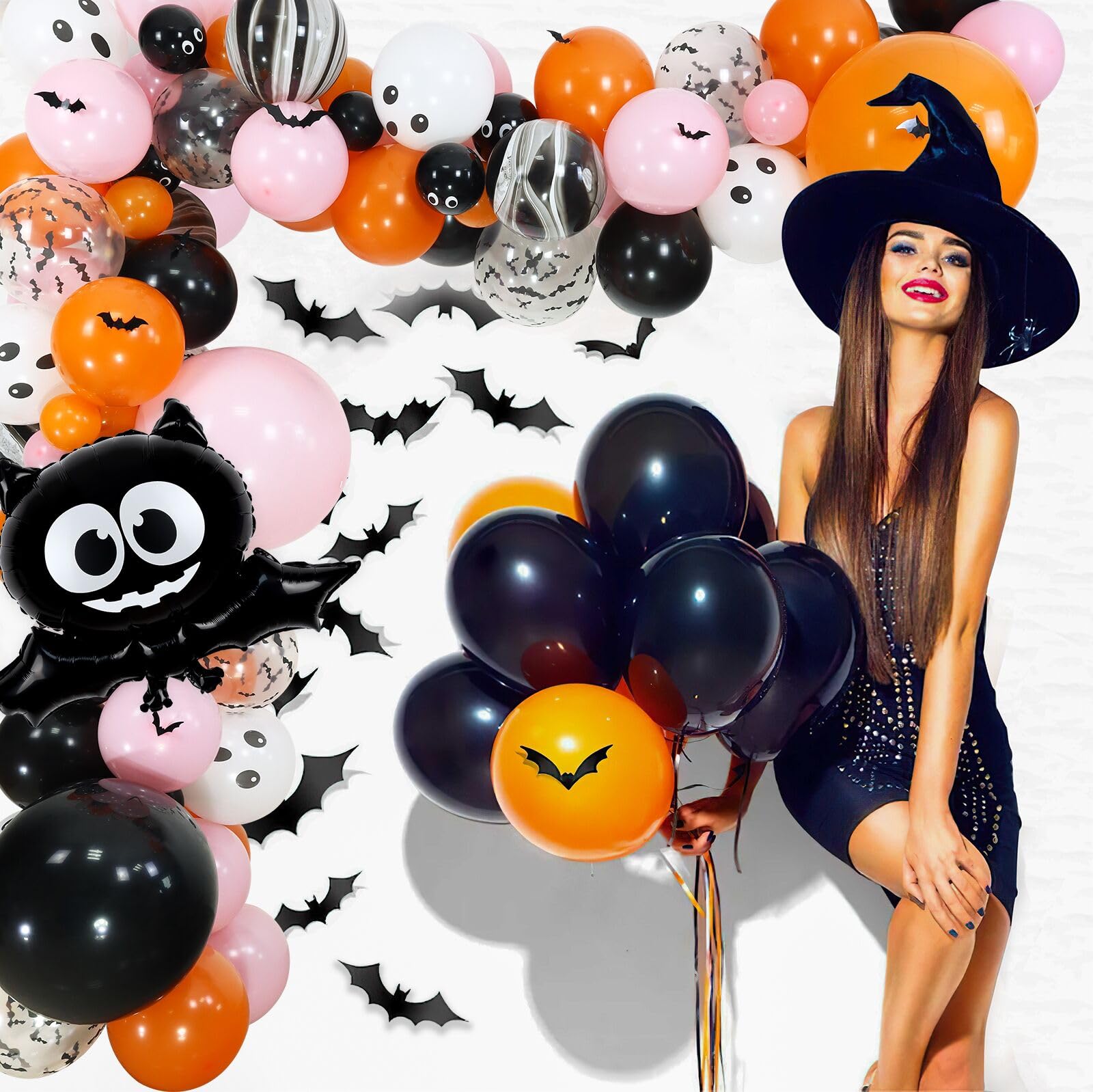 Halloween Balloon Arch Garland Kit, 18" 10" 5" Orange Pink Black Balloons with Big Bat Balloons 3D PVC Bat Stickers for Halloween Party Decorations Halloween Decorations Outdoor