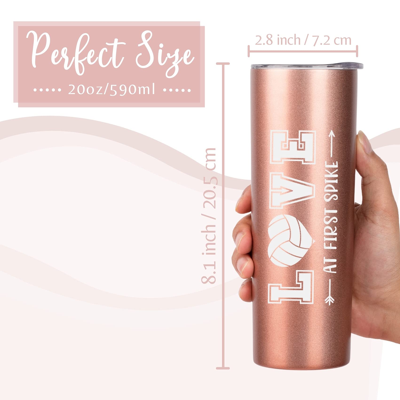 Onebttl Volleyball Gifts for Teen Girls & Team, Stainless Steel Kids Volleyball Tumbler, Double Wall Vacuum Insulated Bottle with Lid and Straw - RoseGold Love at first Spike