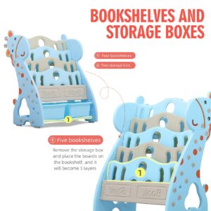 UNICOO - Toddlers Plastic Multi-Layer Bookshelf for Child's Bedroom Playroom, Toy Storage Organizers with 2 Storage Boxes, Children Bookshelf (Light Blue)