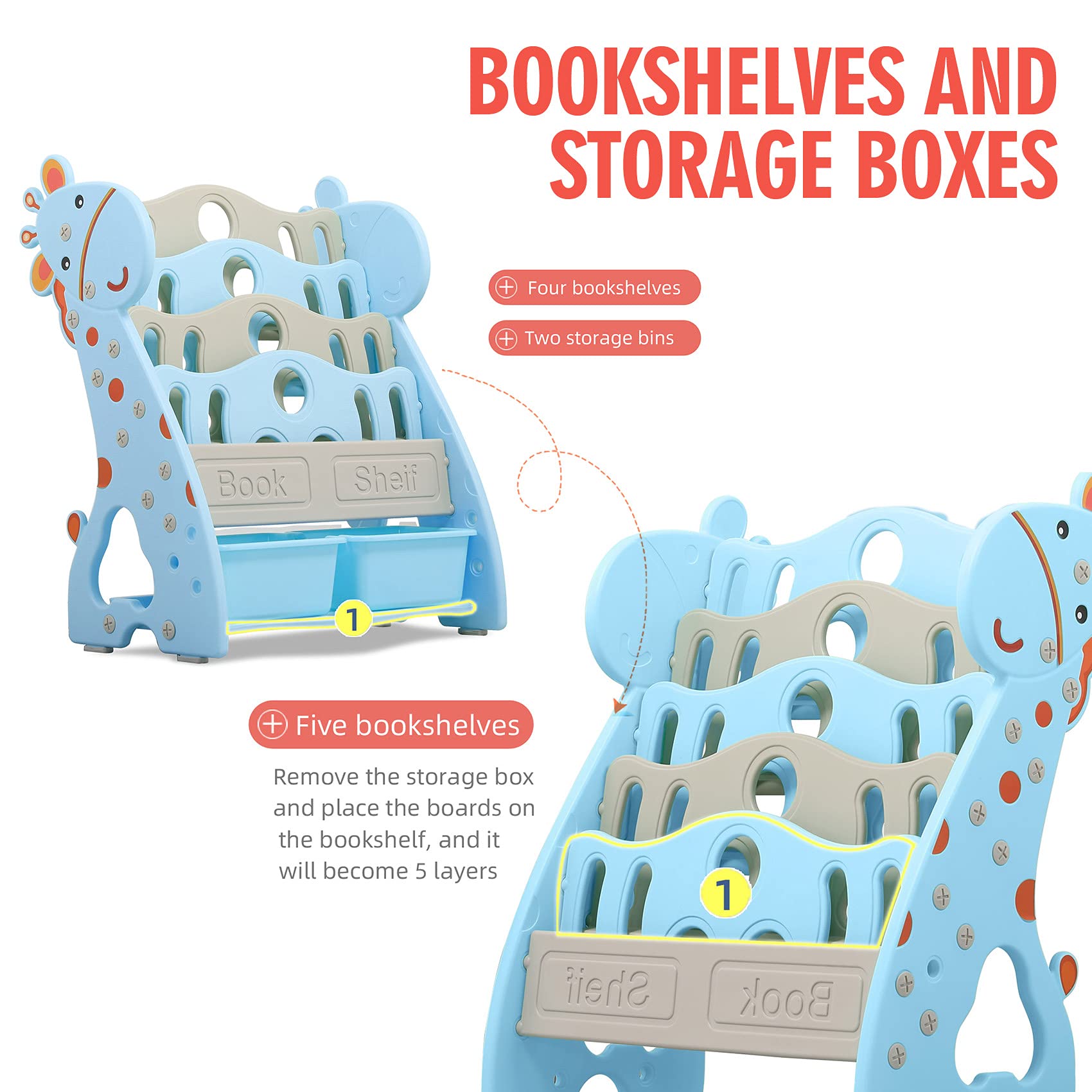 UNICOO - Toddlers Plastic Multi-Layer Bookshelf for Child's Bedroom Playroom, Toy Storage Organizers with 2 Storage Boxes, Children Bookshelf (Light Blue)