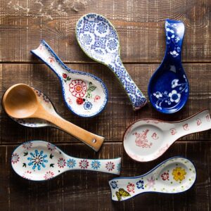 Sizikato Set of 2 Ceramic Spoon Rests, Utensil Ladle Rest for Kitchen, Blue Flower Pattern