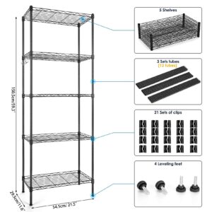 Metal Shelves for Storage Heavy Duty, Wire Rack Shelving Units and Storage, Adjustable Shelves with 4 Hooks for Laundry Bathroom Kitchen Pantry Closet, Black